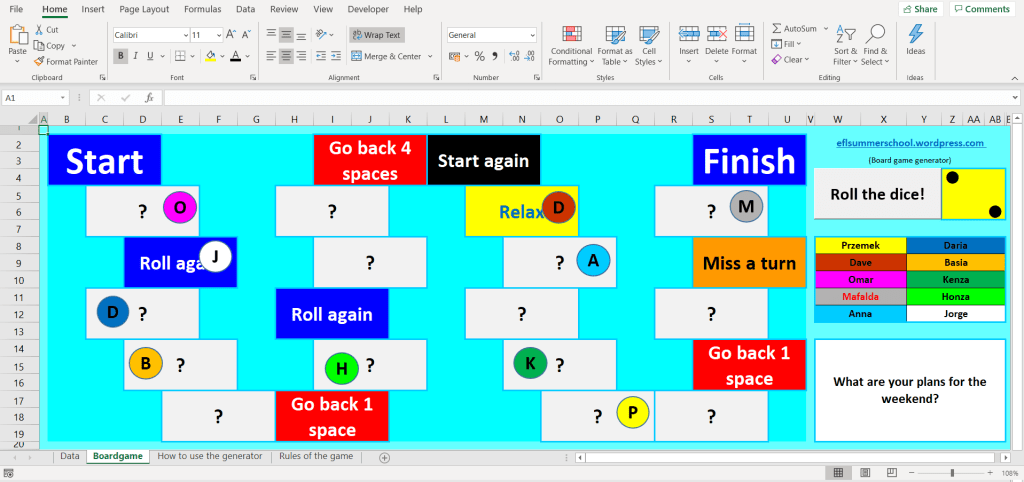 Board game generator: Virtual teaching – EFL Summer School