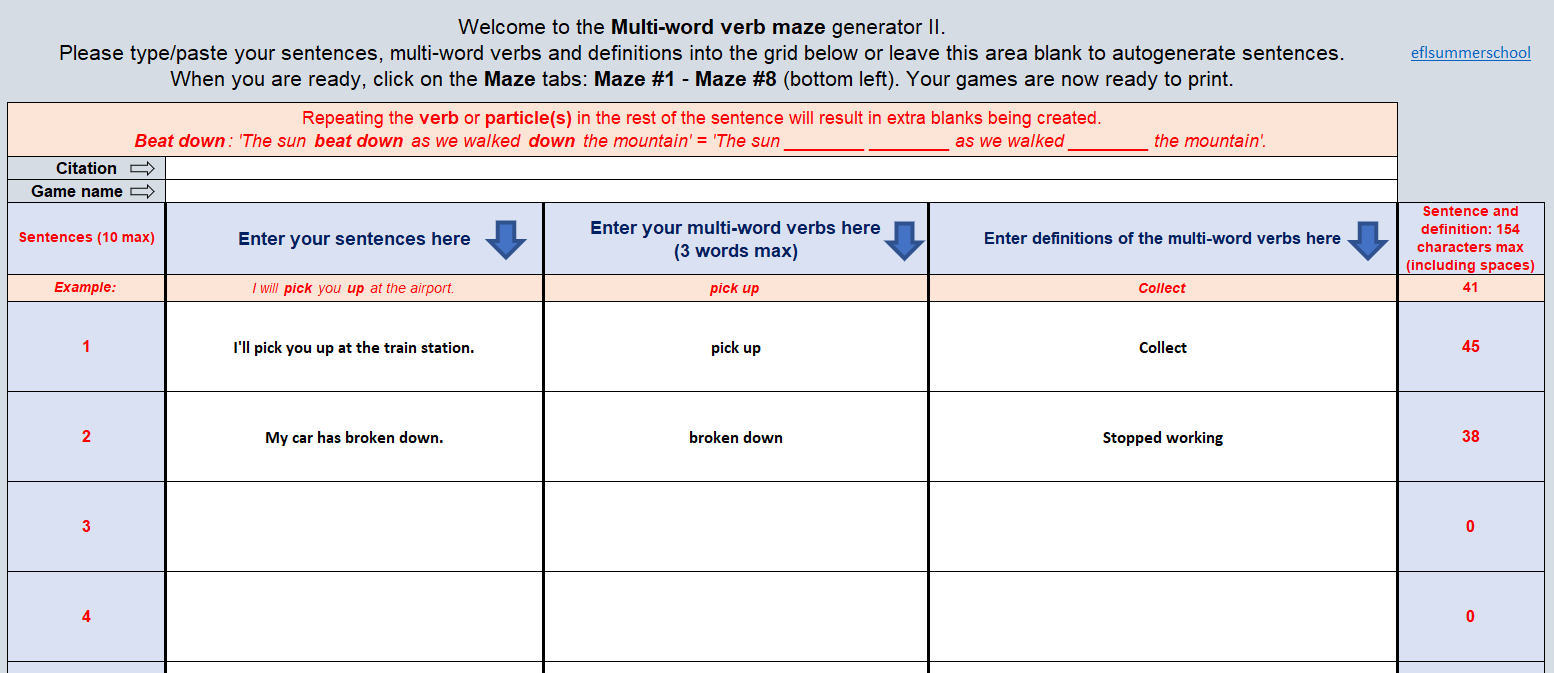 Phrasal verb maze generator II – EFL Summer School