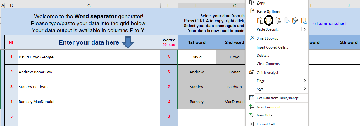 Word separator generator – EFL Summer School