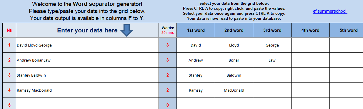 Word separator generator – EFL Summer School