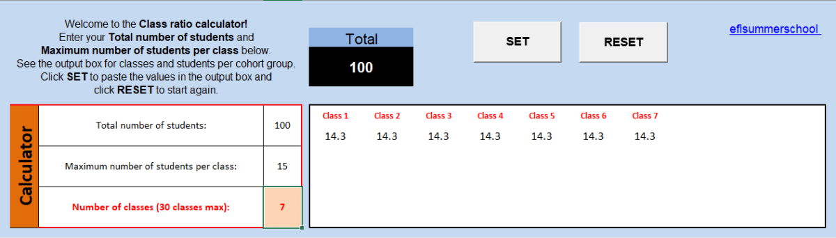 Class ratio calculator – EFL Summer School