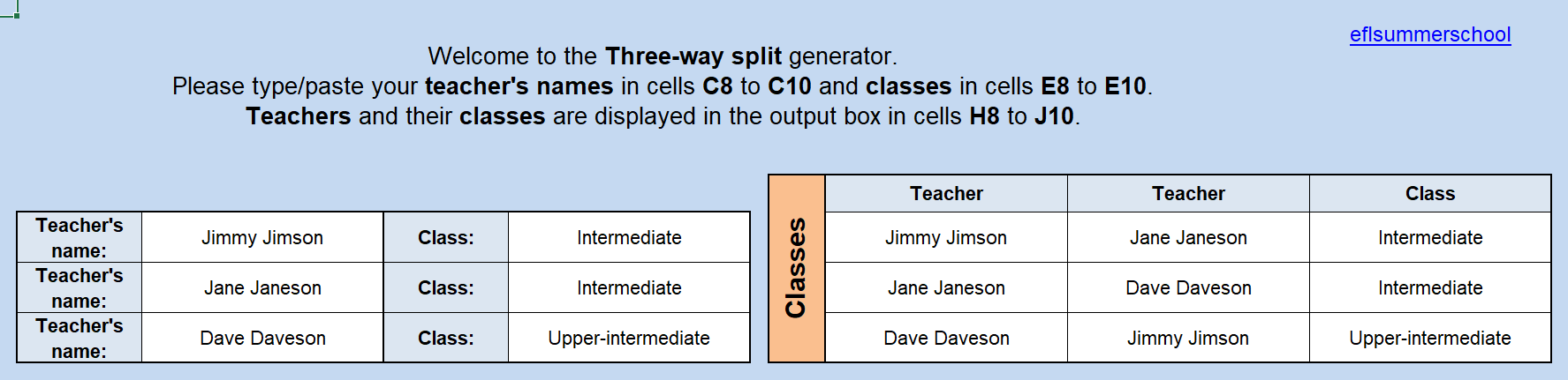 Three-way split generator – EFL Summer School